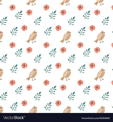 Adorable Bird With Floral Elements Seamless Vector Image