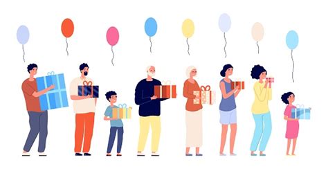 선물로 행복한 사람들 선물을 들고 있는 캐릭터를 축하하는 장식 웃음 그룹 축제 여자 남자 친구 벡터 일러스트 사람들에 대한 스톡