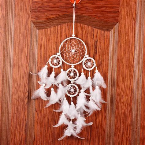윈드차임 풍경종 현관문종 신제품 대형 드림 캐쳐 윈드 차임 흰색 깃털 자동차 행잉 장식 5 개의 원형 티몬