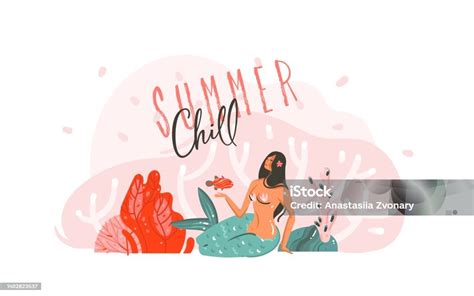 손으로 그린된 벡터 추상 만화 그래픽 여름 시간 수 중 일러스트 포스터 산호초 물고기와 아름다움 인 어 소녀 흰색 배경에 고립 여름 감기 인쇄 술 0명에 대한 스톡 벡터