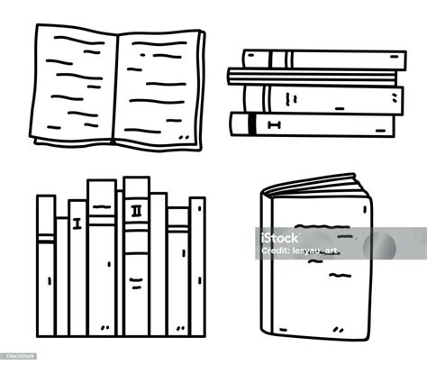 흰색 배경에 고립된 책과 교과서 더미로 설정됩니다 학용품 낙서 스타일의 벡터 손으로 그린 그림입니다 로고 장식 다양한 디자인에 적합합니다 개체 그룹에 대한 스톡 벡터 아트