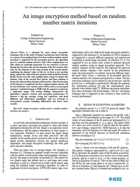 An Image Encryption Method Based On Random Number Matrix Iterations Pdf