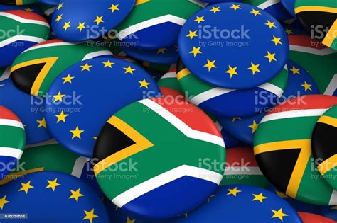 남아프리카와 유럽 배지 배경남아 프리 카 공화국 및 유럽 플래그 단추 3 차원 일러스트 레이 션의 더미 3차원 형태에 대한 스톡