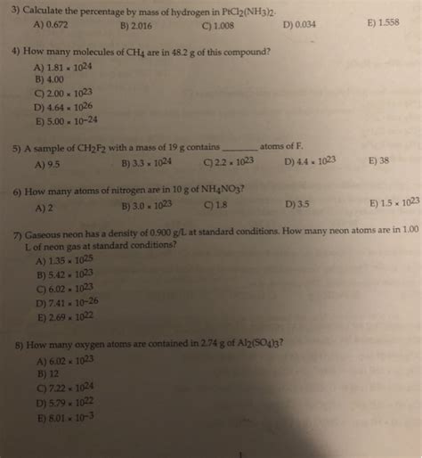 3 Calculate The Percentage By Mass Of Hydrogen In Ptcl2 Nh3 2 A 0 672 B 2 016 C 1 008