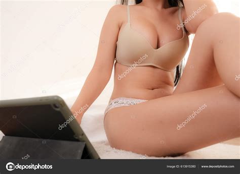 Sexy Woman Using Tablet Her Bedroom Stock Photo Success Media 613915380