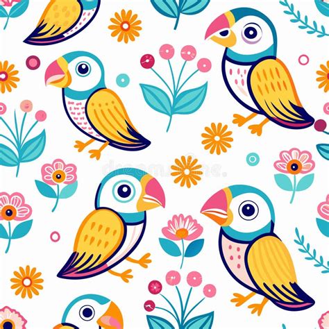 Colorful Puffin Bird And Floral Seamless Pattern Stock Vector
