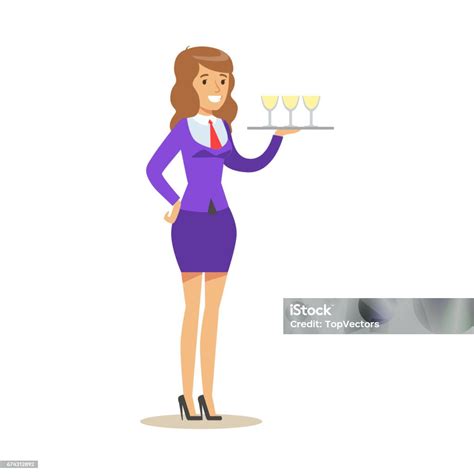 샴페인 잔이 달린 트레이를 들고 음료를 제공하는 쾌활한 웨이트리스 다채로운 만화 캐릭터 벡터 일러스트레이션 귀여운에 대한 스톡
