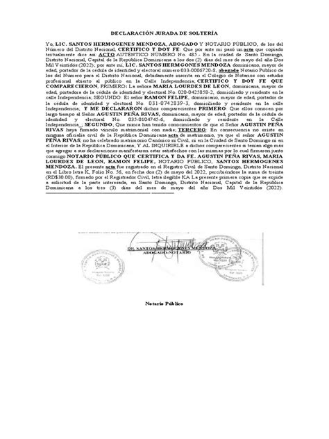 Declaración Jurada De Soltería Pdf República Dominicana