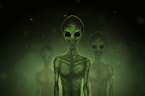 외계인은 어두운 배경에 검은 큰 유리 눈녹색입니다 Ufo 개념 외계인 외계 문명과의 접촉 3d 일러스트레이션 3d 렌더링 3차원 형태에 대한 스톡 사진 및 기타 이미지