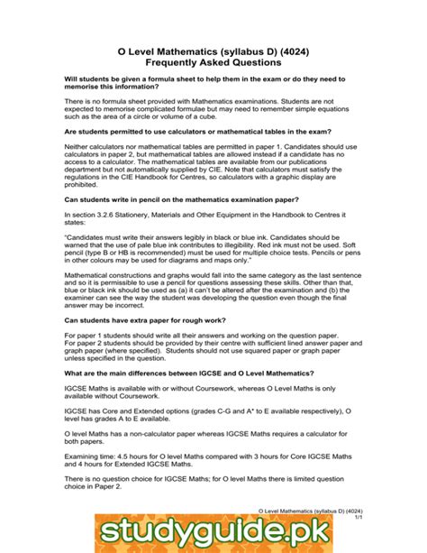 O Level Mathematics Faq Syllabus D 4024 Exam Guide