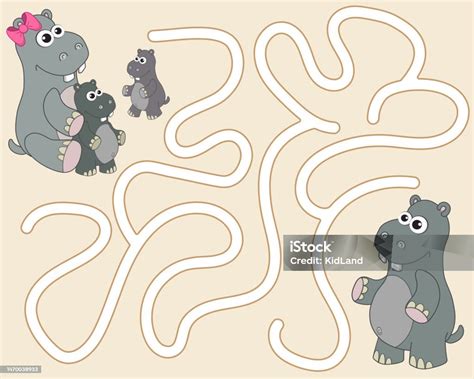 하마가 가족으로가는 길을 찾도록 도와주세요 아이들을위한 논리 게임 출입 솔루션이있는 재미있는 미로 귀여운 캐릭터 하마와 교육