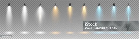 벡터 스포트라이트 세트입니다 다양한 형태의 빛 노란색 흰색 파란색으로 채색되었습니다 무대 스포트라이트 조명 효과 광선 조명 효과 벡터 일러스트레이션 0명에 대한 스톡 벡터