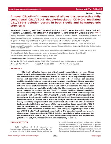 Pdf A Novel Cbl Bflox Flox Mouse Model Allows Tissue Selective Fully