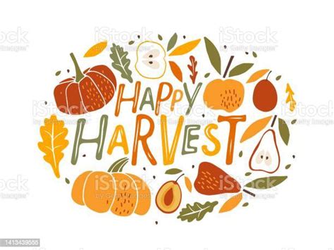 해피 하베스트 카드 사과 배 호박 나뭇잎 흰색 배경에 매실로 손으로 그린 글자 벡터 수확 포스터 배너 배지 인쇄 로고 배지를위한 가을 디자인 요소 타원형 기호 10월에 대한