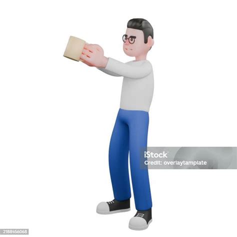 3d 스타일의 만화 비디오 편집기 그림입니다 남성 영상 편집자가 커피잔을 들고 양손을 앞으로 내민 채 서 있다 디자인 3차원 형태에 대한 스톡 사진 및 기타 이미지 Istock