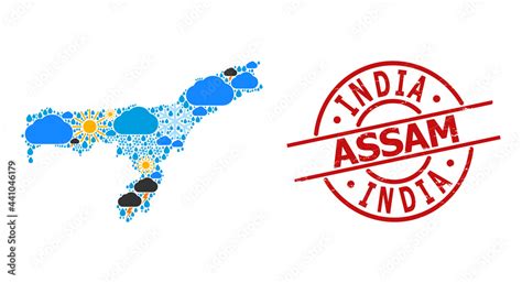 Climate Collage Map Of Assam State And Rubber Red Round Badge
