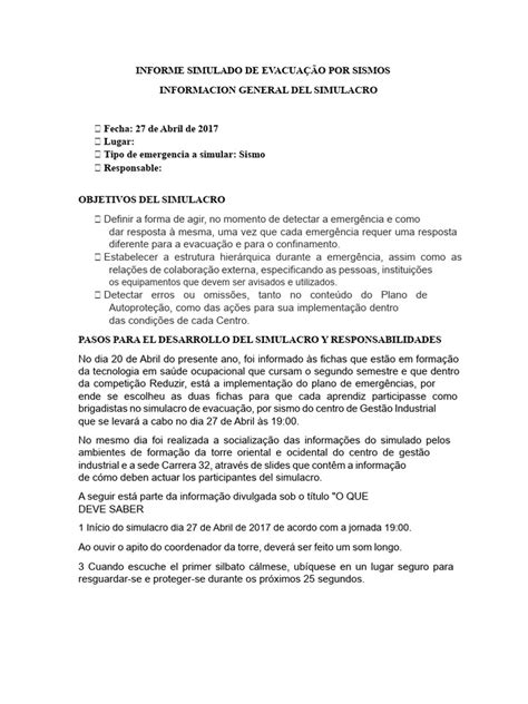 Simulado De Evacuação Por Sismo 2017 Pdf Emergência