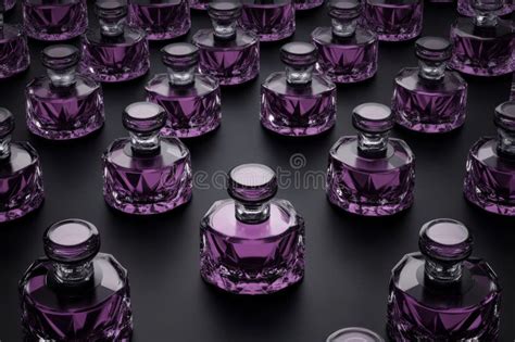 Assortment Of Assorted Purple Perfume Bottles Set On A Black Surface