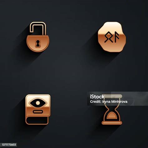 오픈 자물쇠 매직 룬 고대 마법책 긴 그림자가 있는 오래된 모래 시계 아이콘을 설정합니다 벡터 고대의에 대한 스톡 벡터 아트 및 기타 이미지 Istock