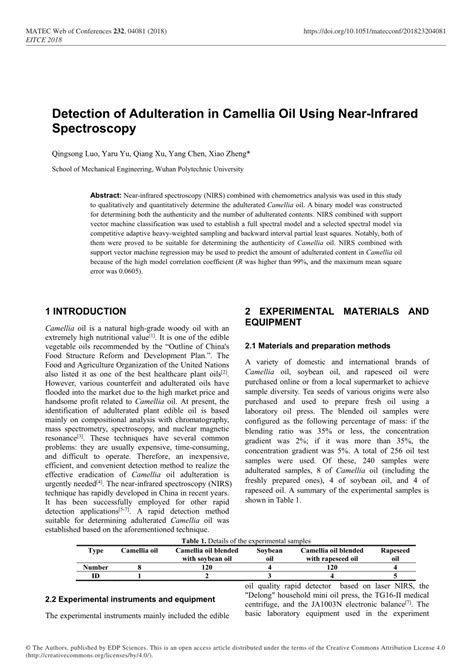Pdf Detection Of Adulteration In Camellia Oil Using Near Infrared