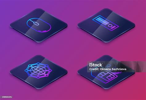 아이소 메트릭 라인 컴퓨터 마우스 글로벌 기술 또는 소셜 네트워크 비디오 게임 콘솔 및 Sim 카드를 설정합니다 파란색 사각형 버튼입니다 벡터 3차원 형태에 대한 스톡 벡터