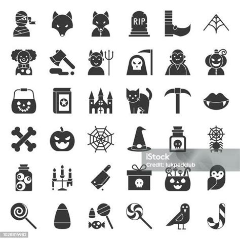 할로윈 캐릭터와 놀라운 것 들 유령 사탕 아이 공 올빼미 거미 뼈 악마 늑대 인간 고체 아이콘 등 아이콘 아이콘에 대한 스톡 벡터 아트 및 기타 이미지 Istock
