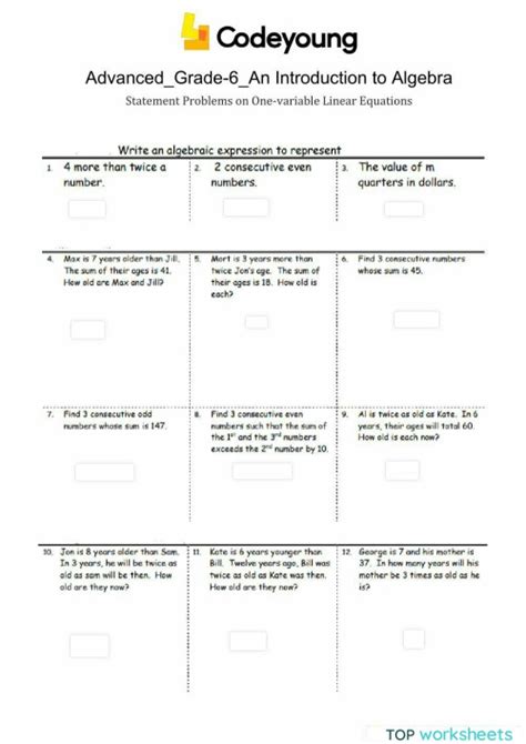 Statement Problems On One Variable Linear Equations Advanced Interactive Worksheet Topworksheets