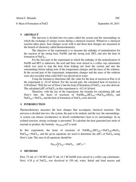 postlab 9 heat of formation of nacl pdf enthalpy heat