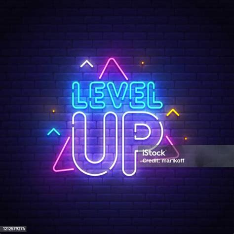 게임 팝업 레벨 업 네온 사인 밝은 간판 조명 배너 게임 로고 네온 엠블럼 벡터 일러스트레이션 Next Level