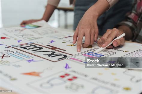 Ux 개발자와 Ui 디자이너 브레인스토밍 인터페이스 와이어프레임 디자인을 닫습니다 크리에이티브 디지털 개발 에이전시 2명에 대한