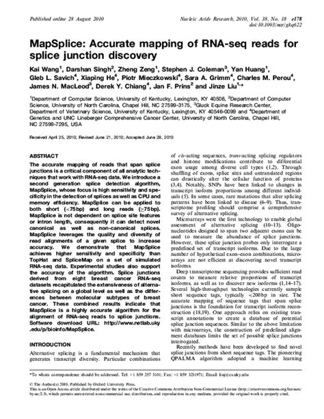 Pdf Mapsplice Accurate Mapping Of Rna Seq Reads For Splice Junction Discovery