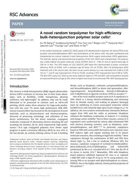 Pdf A Novel Random Terpolymer For High Efficiency Bulk Heterojunction Polymer Solar Cells
