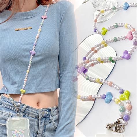 Colorful Love Pearl Shoulder Messenger Mobile Phone Chain Anti Lost Acrylic Bead Keychain