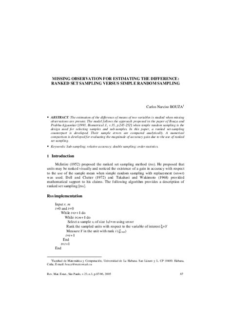 Pdf Missing Observation For Estimating The Difference Ranked Set Sampling Versus Simple