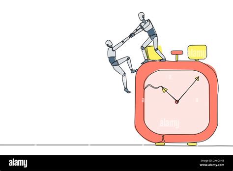 Continuous One Line Drawing Smart Robot Helps Colleague Climb Big Alarm Clock Helping Coworkers
