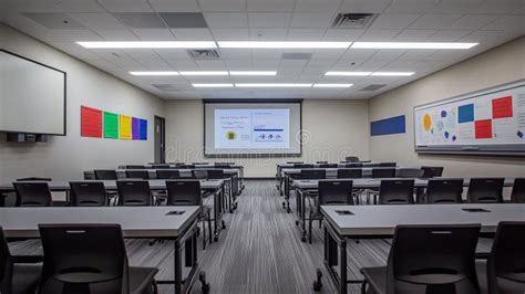 A Clean Classroom With Rows Of Desks A Whiteboard And Colorful Stock