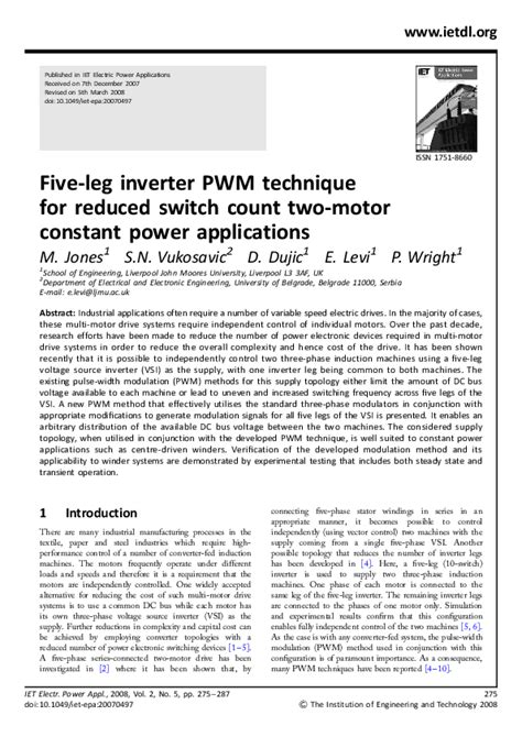 Pdf Five Leg Inverter Pwm Technique For Reduced Switch Count Two Motor Constant Power Applications