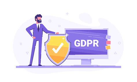Gdpr 캡션pc 모니터 앞에 방패와 긍정적 인 만화 캐릭터 Gdpr 규정 준수 개인 데이터 보안 현대 벡터 그림입니다 개인정보보호 규정에 대한 스톡 벡터 아트 및 기타