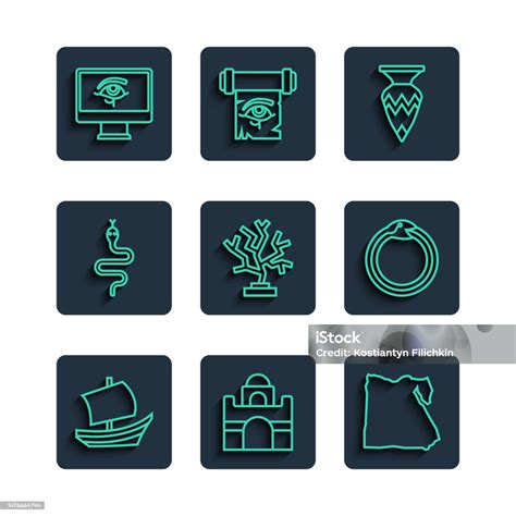 세트 라인 이집트 배 집 지도 꽃병 산호 뱀 눈 호루스 모니터 및 마법 기호 우로보로스 아이콘 벡터 건축에 대한 스톡 벡터 아트