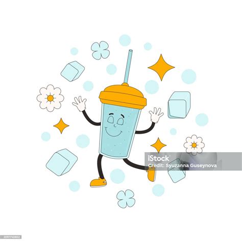 물 한 잔 복고풍 만화 마스코트 서클 구성 음료 고무 호스 애니메이션 스타일 그루비 캐릭터 둥근 모양 엠블럼 건강한 삶과 웰빙 벡터 평면 그림 고립 고풍스런에 대한 스톡