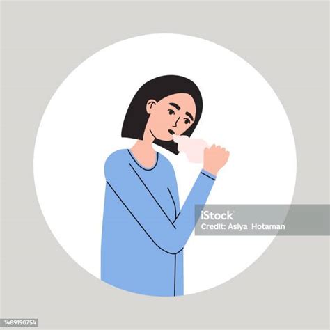 마른 기침으로 고통받는 젊은 여성 건강 문제가있는 여성 독감 감기 인플루엔자 또는 다른 질병의 증상 플랫 벡터 의료 일러스트레이션 감기와 독감에 대한 스톡 벡터 아트 및