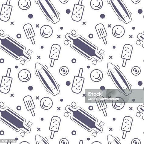 텍스처 보드 미소와 아이스크림의 벡터 일러스트 카툰 스케이트보드가 있는 스케이트보딩 원활한 패턴 화이트 컬러 배경에 라인 아트 스타일 스케이트 0명에 대한 스톡 벡터 아트