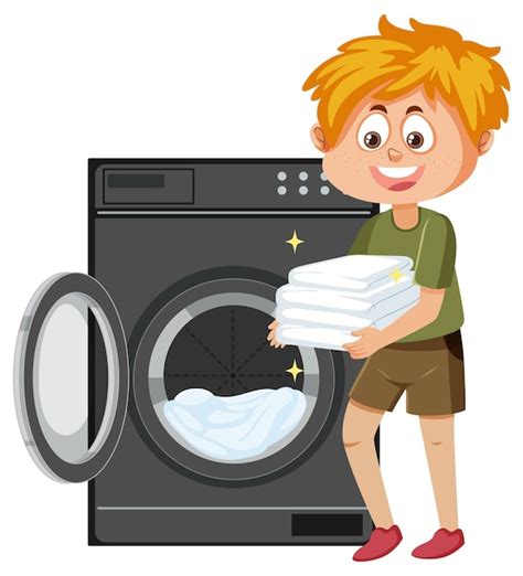 Niño De Dibujos Animados Lavando La Ropa Con Lavadora Vector Premium