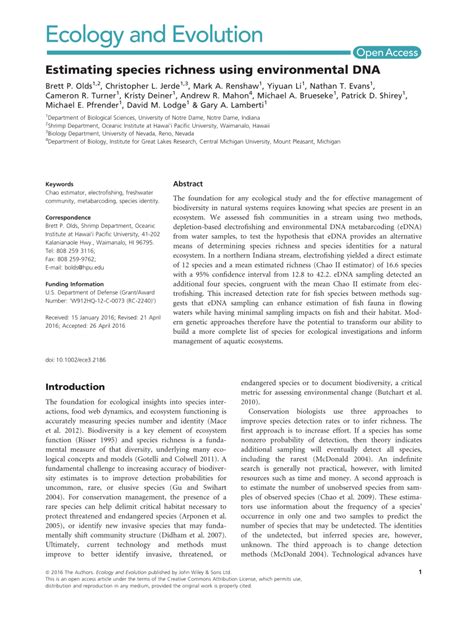 Pdf Estimating Species Richness Using Environmental Dna