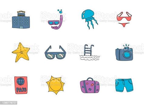 흰색 배경에 격리 된 여름 손 그린 선형 벡터 아이콘 웹 및 Ui 디자인 모바일 앱 및 인쇄 제품을 위한 여름 낙서 아이콘 세트