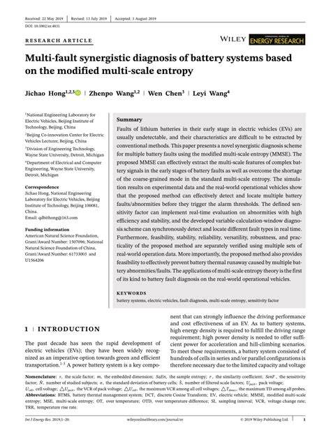 Pdf Multi‐fault Synergistic Diagnosis Of Battery Systems Based On The Modified Multi‐scale Entropy