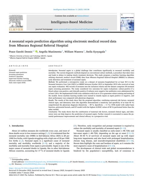 Pdf A Neonatal Sepsis Prediction Algorithm Using Electronic Medical Record Data From Mbarara