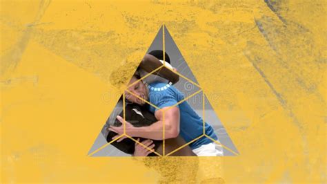 Animation With Geometric Shapes Overlaying People Embracing In Dynamic School Scene Stock