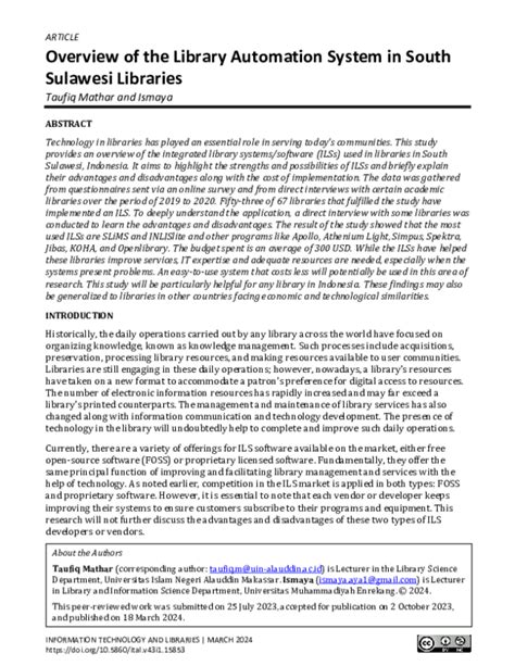 Pdf Overview Of The Library Automation System In South Sulawesi Libraries