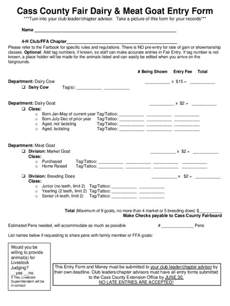 Fillable Online Cass County Fair Dairy And Meat Goat Entry Form Fax Email